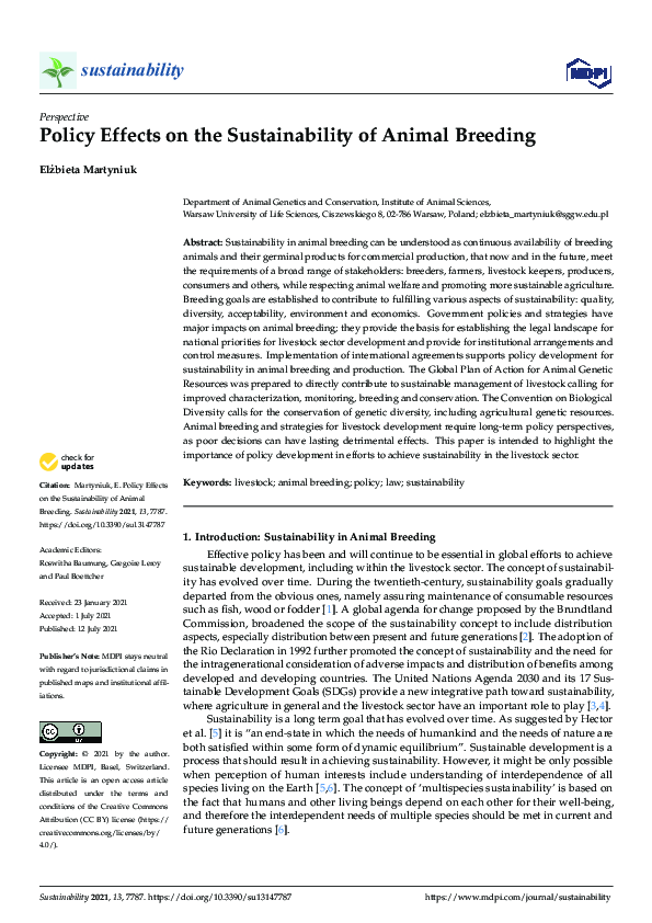 (PDF) Policy Effects on the Sustainability of Animal Breeding