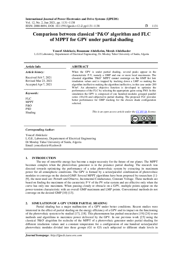 (PDF) Comparison between classical ‘P&O’ algorithm and FLC of MPPT for GPV under partial shading