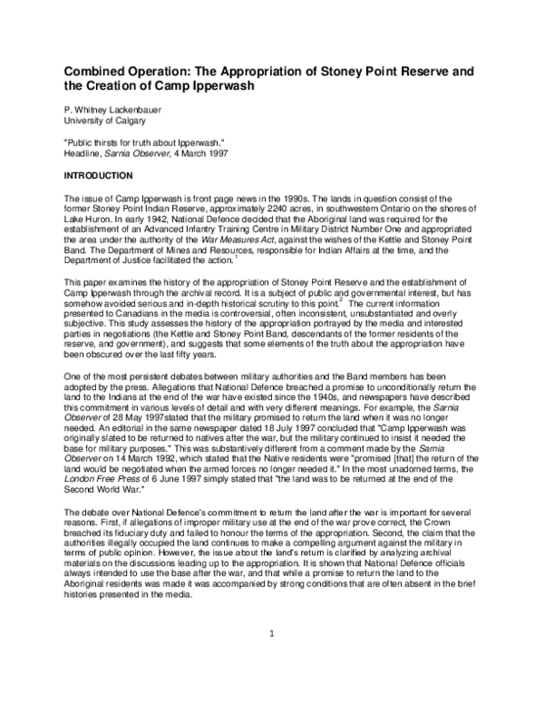 (PDF) Combined Operation: The Appropriation of Stoney Point Reserve and ...
