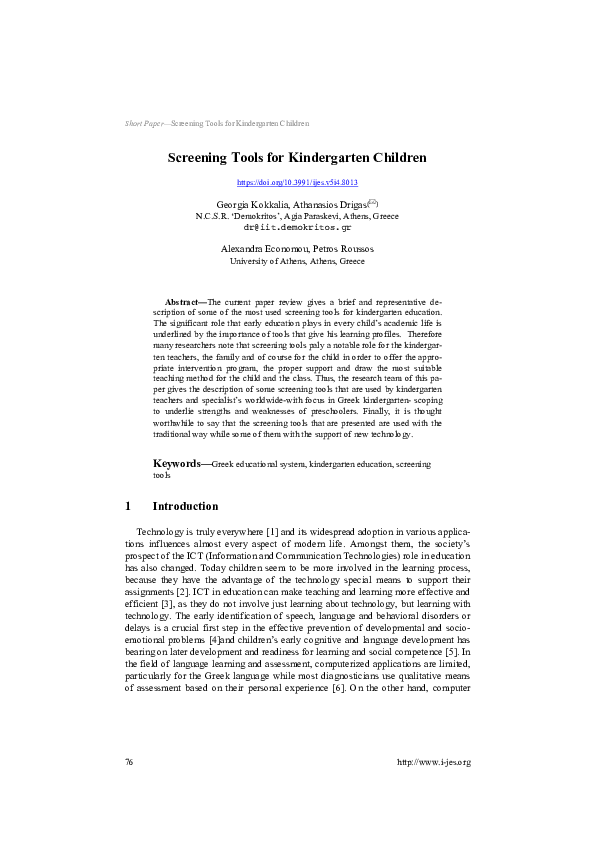 (PDF) Screening Tools for Kindergarten Children