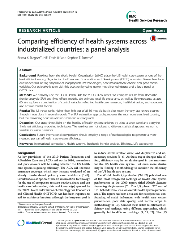 (PDF) Comparing efficiency of health systems across industrialized ...