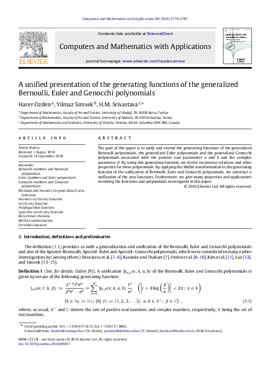 (PDF) A unified presentation of the generating functions of the generalized Bernoulli, Euler and ...