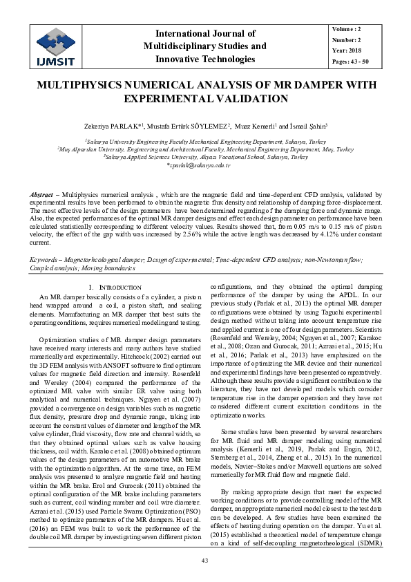 (PDF) Multiphysics Numerical Analysis of MR Damper with Experimental Validation