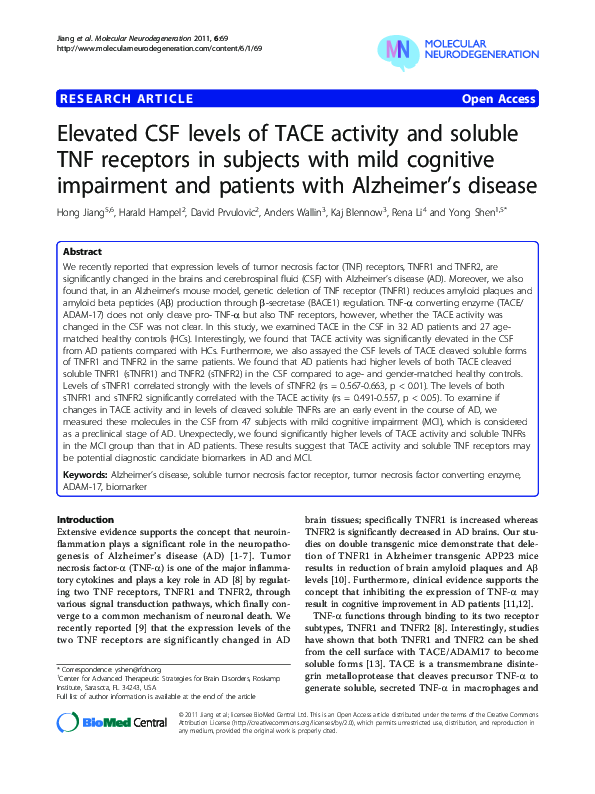 (PDF) Elevated CSF levels of TACE activity and soluble TNF receptors in ...