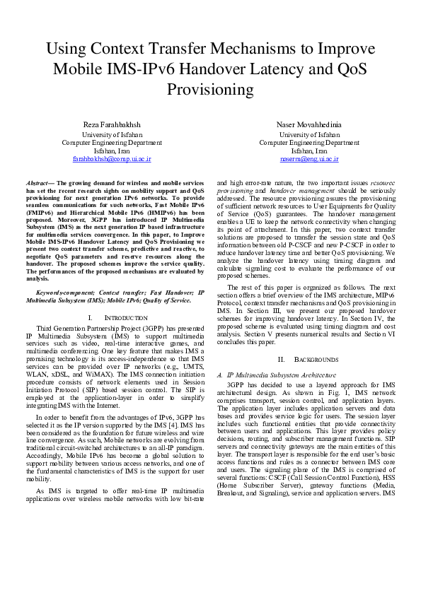 (PDF) Using context transfer mechanisms to Improve Mobile IMS-IPv6 Handover Latency and QoS ...