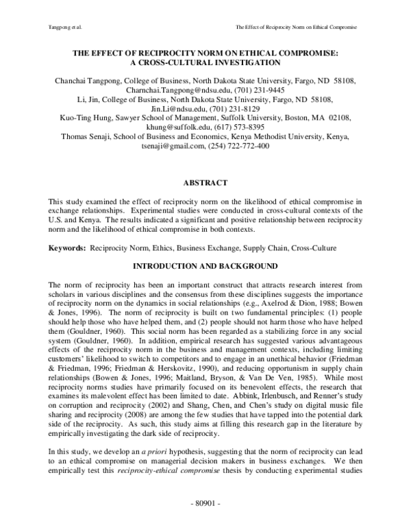 (PDF) The Effect of Reciprocity Norm on Ethical Compromise: A Cross ...