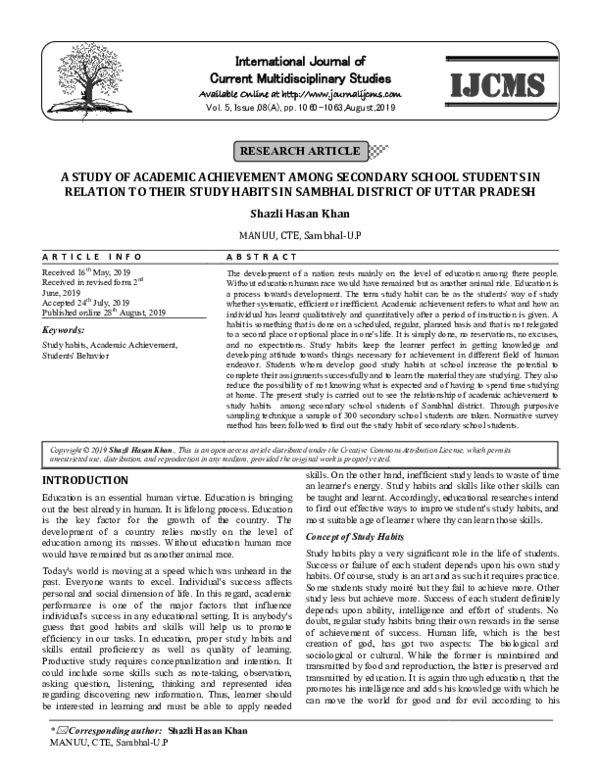 (PDF) A Study of Academic Achievement Among Secondary School Relation to Their Study Habits in ...