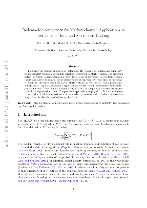 (PDF) Rademacher complexity for Markov chains: Applications to kernel smoothing and Metropolis ...