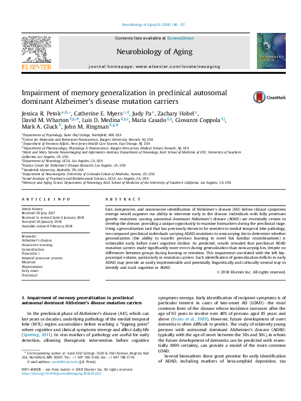 (PDF) Impairment of memory generalization in preclinical autosomal ...