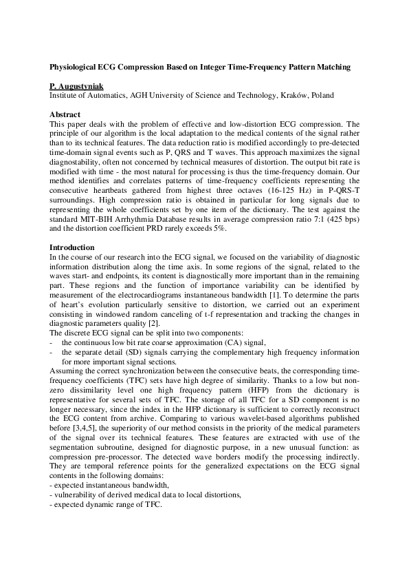 (PDF) Physiological ECG Compression Based on Integer Time-Frequency Pattern Matching | Piotr ...