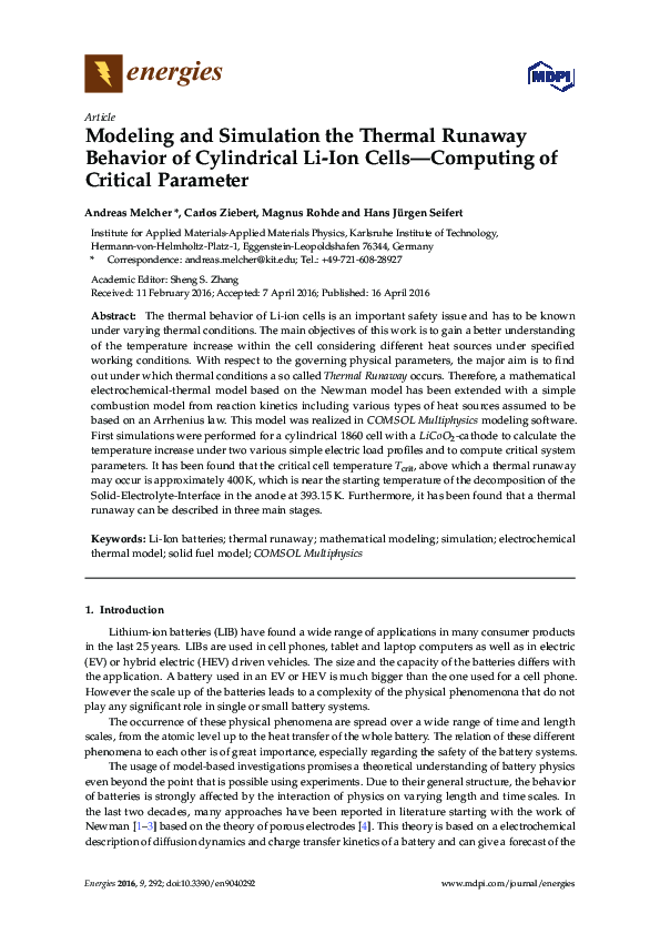 (PDF) Modeling and Simulation the Thermal Runaway Behavior of Cylindrical Li-Ion Cells—Computing ...