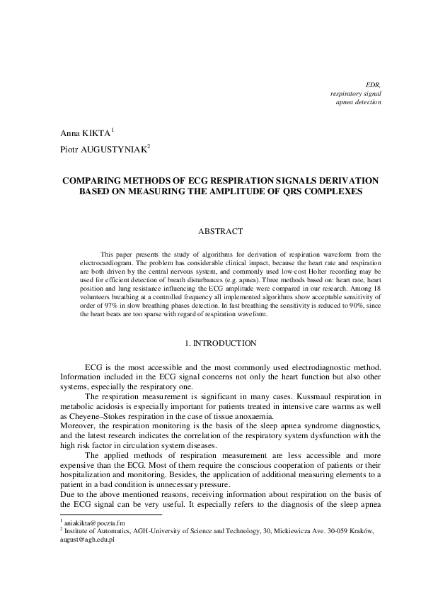 Pdf Ecg Based Respiration Signal Derivation Methods