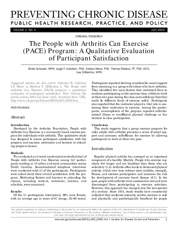 (PDF) The People with Arthritis Can Exercise (PACE) program: a ...