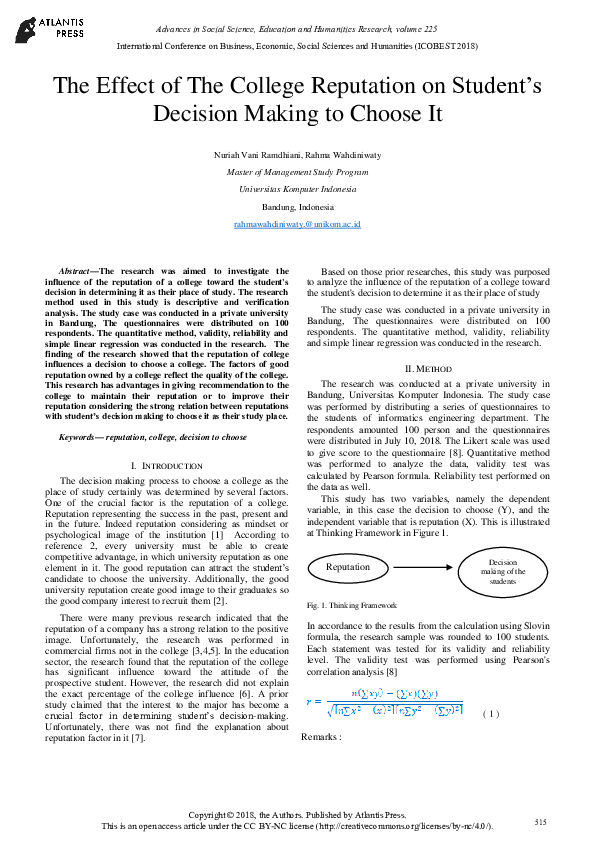 (PDF) The Effect of The College Reputation on Student’s Decision Making ...