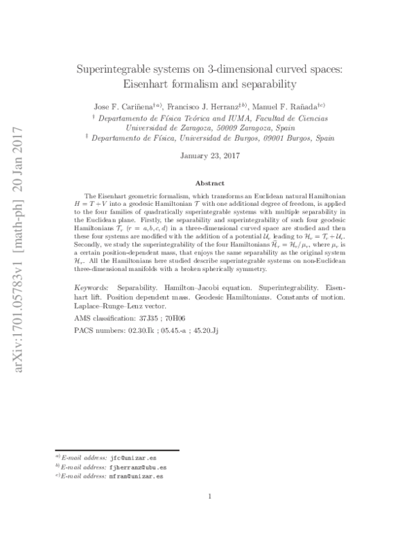 (PDF) Superintegrable systems on 3-dimensional curved spaces: Eisenhart formalism and separability