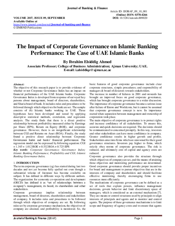(PDF) The Impact of Corporate Governance on Islamic Banking Performance: The Case of UAE Islamic ...