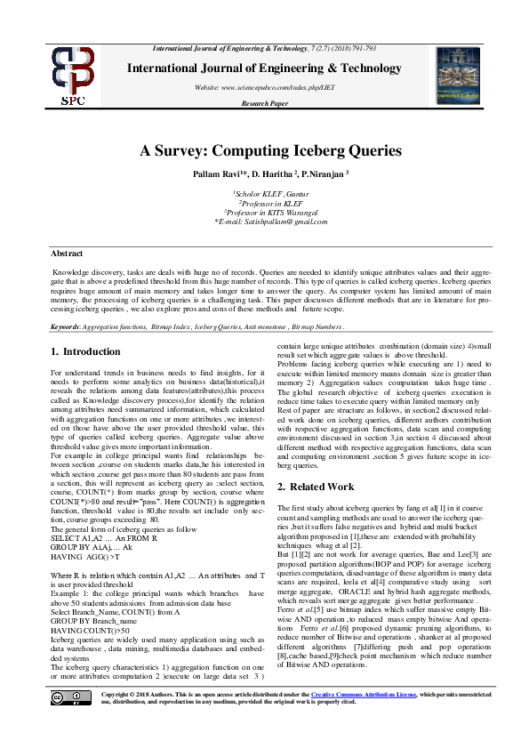 Pdf A Survey Computing Iceberg Queries Pallam Ravi