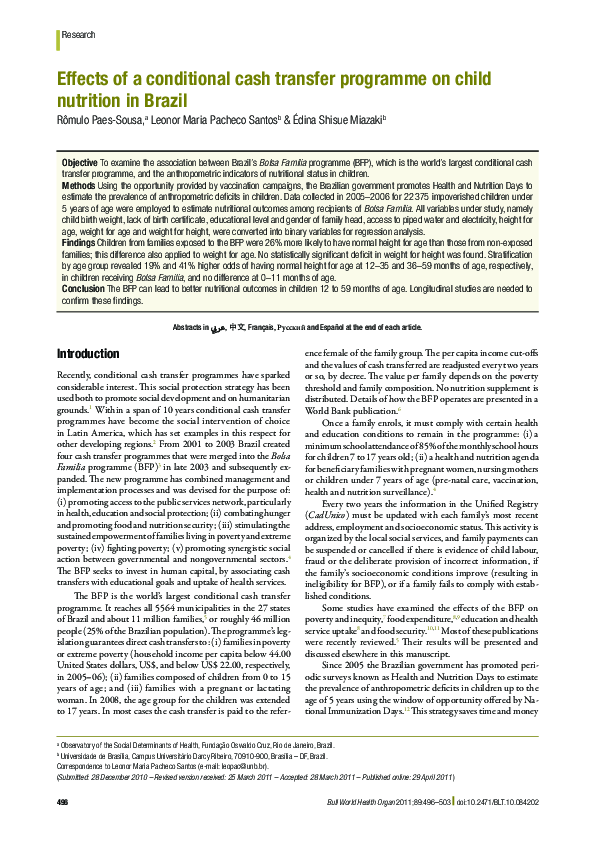 (PDF) Effects of a conditional cash transfer programme on child ...