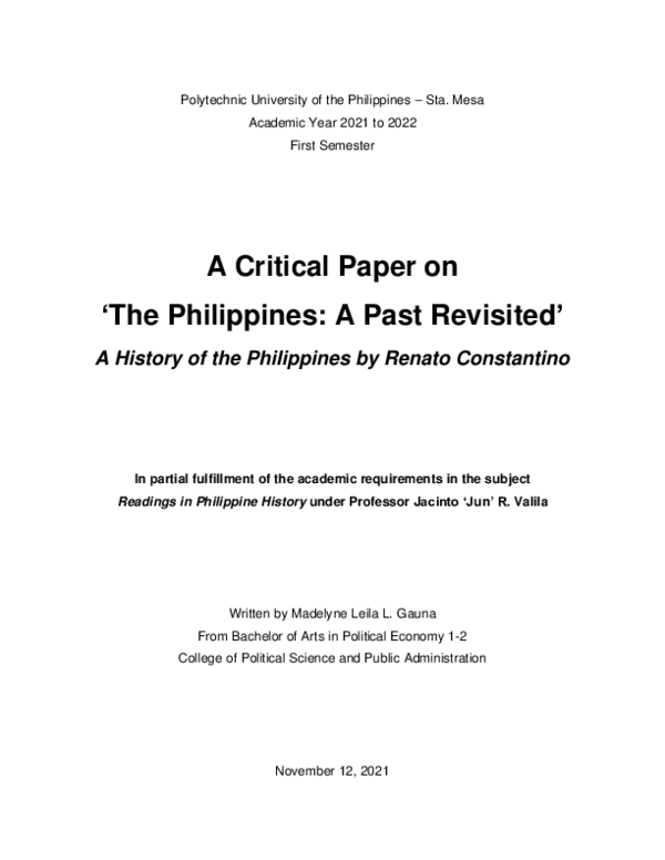 (PDF) A Critical Paper on 'The Philippines: A Past Revisited' by Renato ...