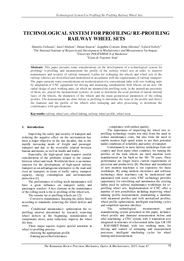 (PDF) Technological System for Profiling/ Re-Profiling Railway Wheel Sets