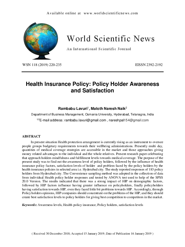 (PDF) Health Insurance Policy: Policy Holder Awareness and Satisfaction