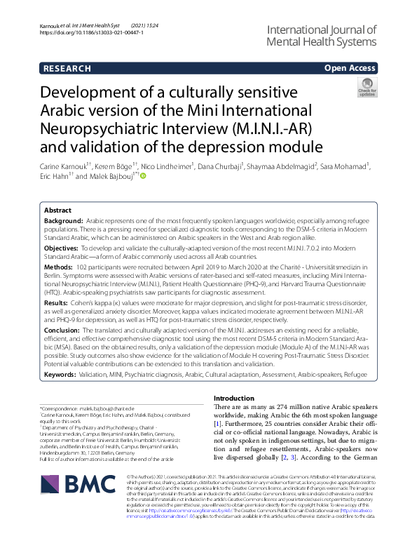 (PDF) Development of a culturally sensitive Arabic version of the Mini ...