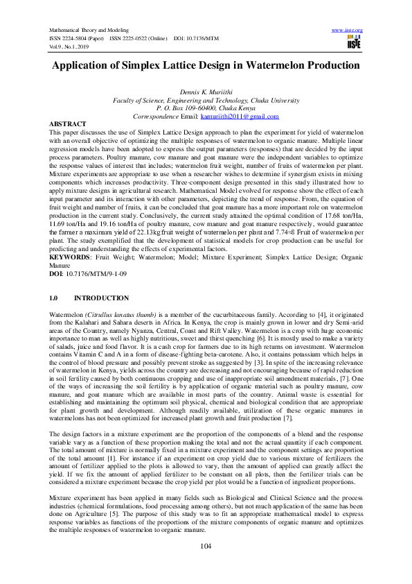 (PDF) Application of Simplex Lattice Design in Watermelon Production