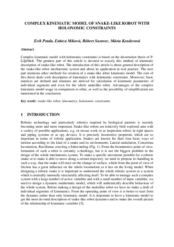 (PDF) Complex Kinematic Model of Snake-Like Robot with Holonomic Constraints
