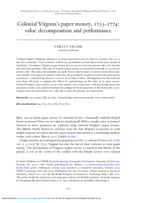 (PDF) Colonial Virginia’s paper money, -: value decomposition and ...