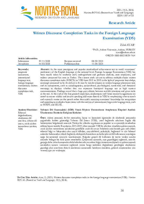 (PDF) Written Discourse Completion Tasks in the Foreign Language Examination (YDS)