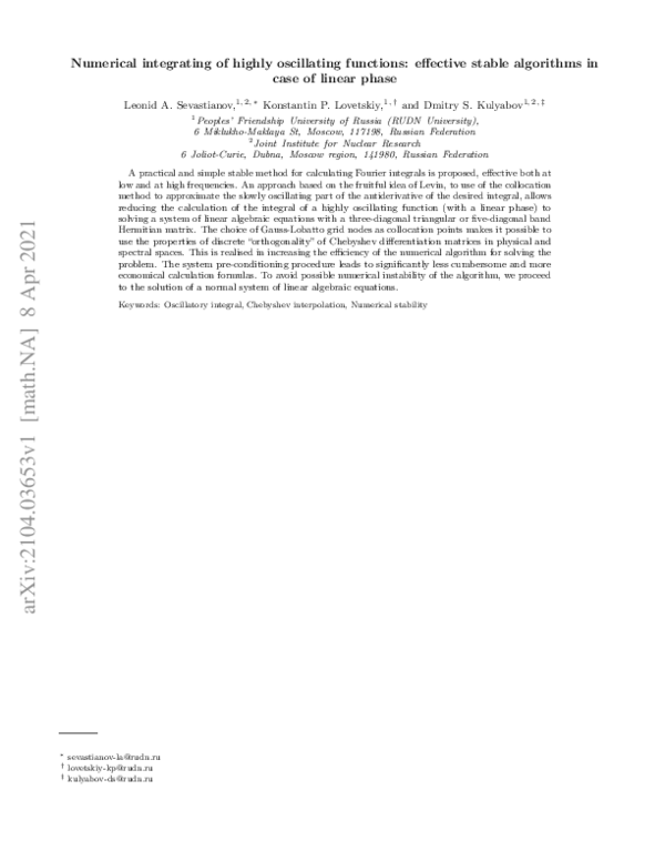 (PDF) Numerical integrating of highly oscillating functions: effective stable algorithms in case ...