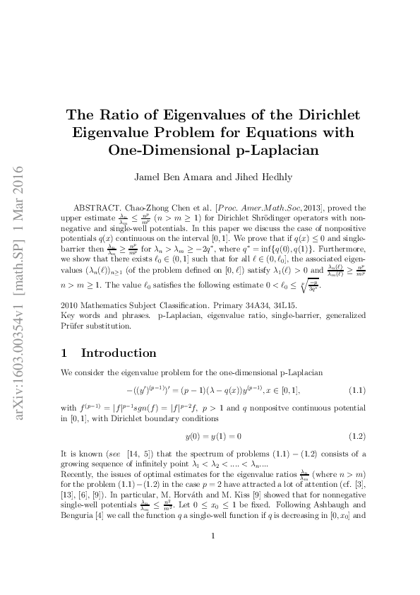 (PDF) The Ratio of Eigenvalues of the Dirichlet Eigenvalue Problem for Equations with One ...