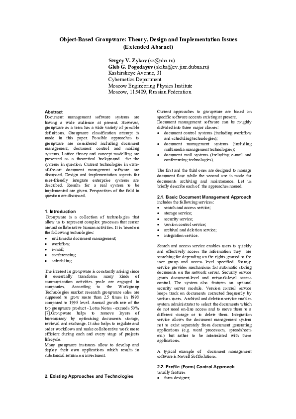 (PDF) Object-Based Groupware: Theory, Design and Implementation Issues | Sergey Zykov - Academia.edu
