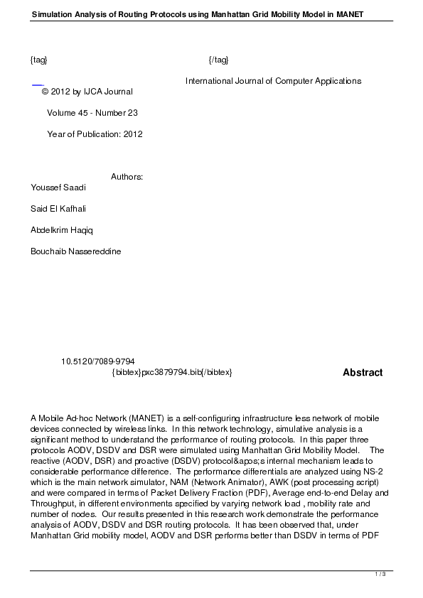 (PDF) Simulation Analysis of Routing Protocols using Manhattan Grid Mobility Model in MANET