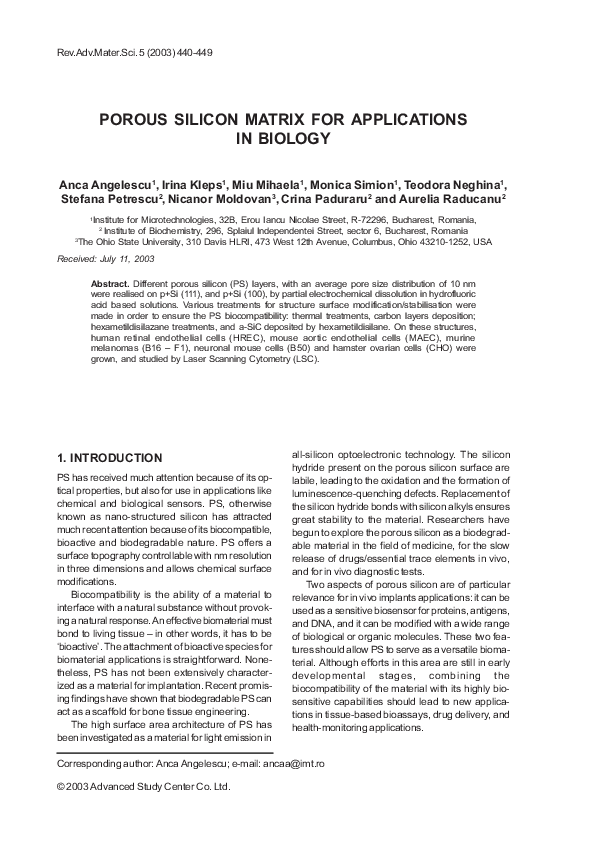 (PDF) Porous silicon matrix for applications in biology
