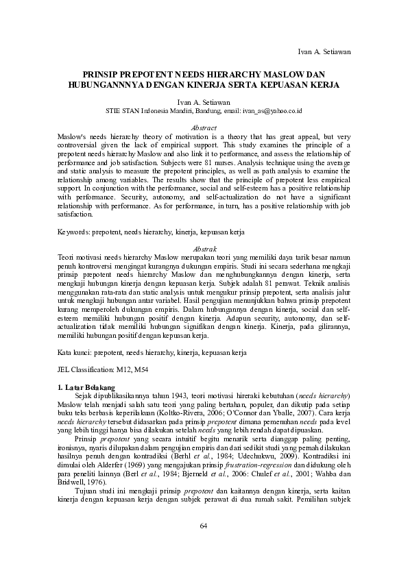 (PDF) Prinsip Prepotent Needs Hierarchy Maslow Dan Hubungannnya Dengan ...