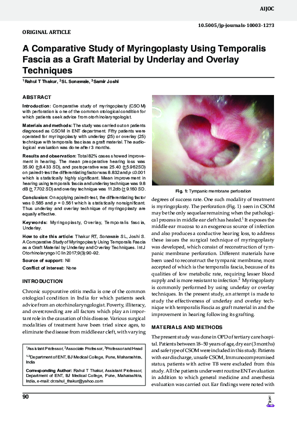 (PDF) A Comparative Study of Myringoplasty Using Temporalis Fascia as a ...