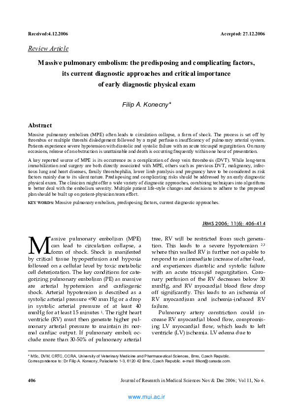 (PDF) Massive Pulmonary Embolism: The Predisposing and Complicating ...