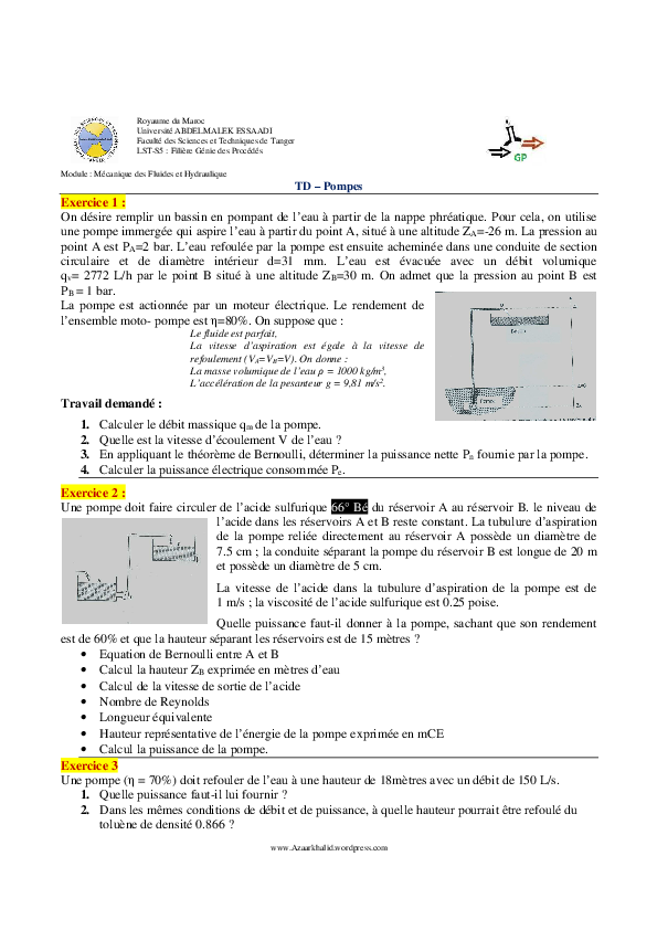 (PDF) TD mecanique des fluides et hydraulique Pompes