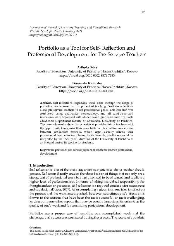 (PDF) Portfolio as a Tool for Self- Reflection and Professional Development for Pre-Service Teachers
