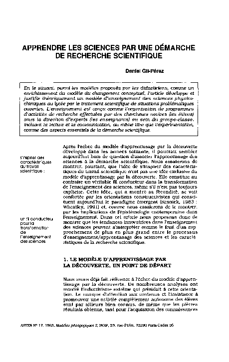 (PDF) Apprendre les sciences par une démarche de recherche scientifique