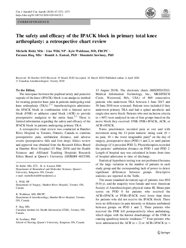 (PDF) The safety and efficacy of the IPACK block in primary total knee ...