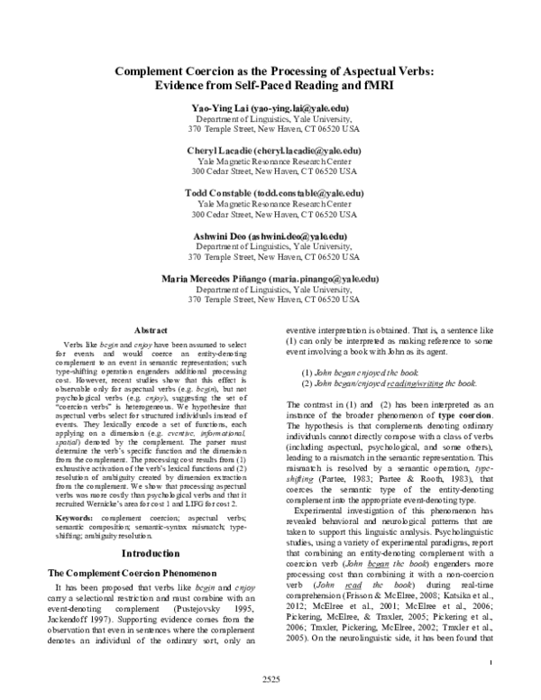 (PDF) Complement Coercion as the Processing of Aspectual Verbs: Evidence from Self-Paced Reading ...