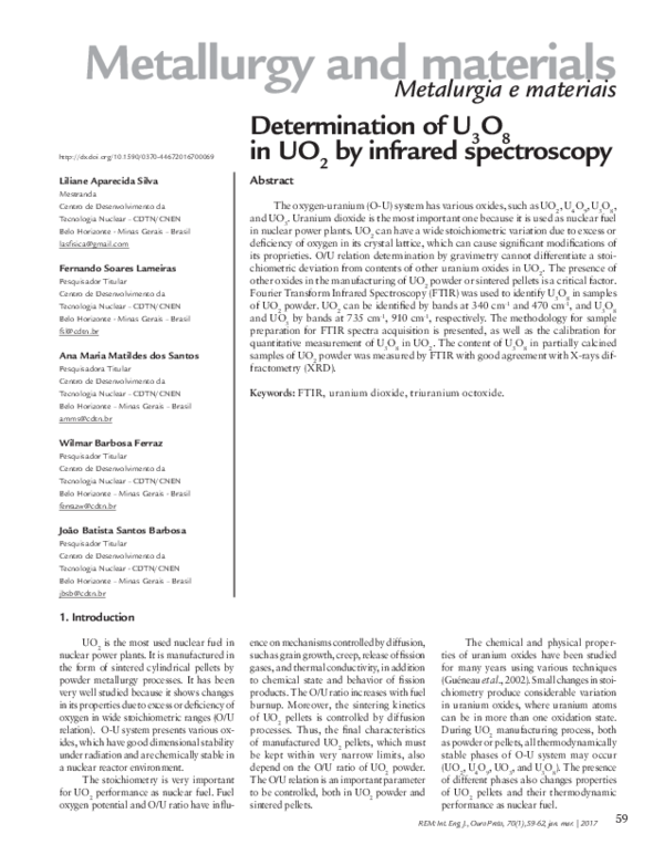 (PDF) Determination of U3O8 in UO2 by infrared spectroscopy