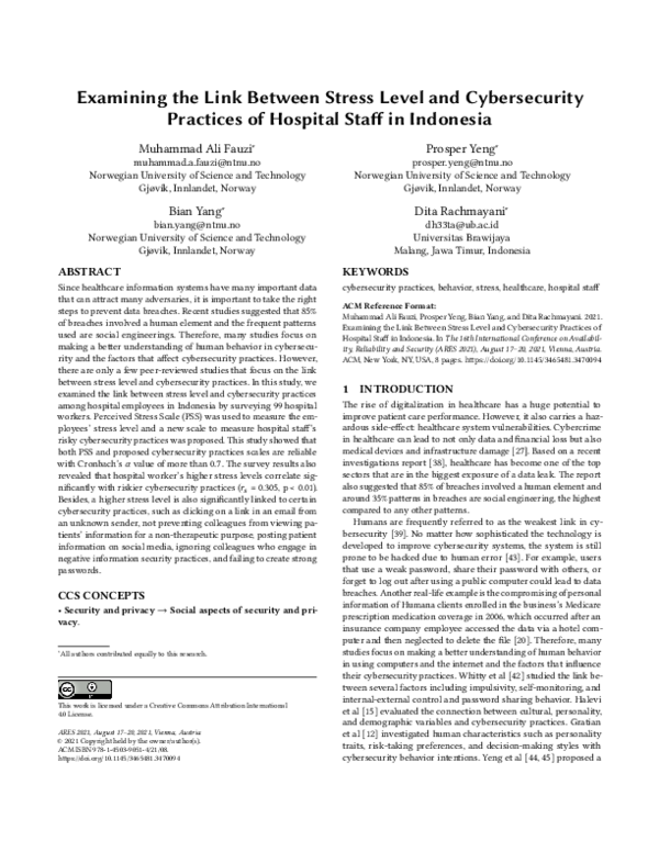 (PDF) Examining the Link Between Stress Level and Cybersecurity Practices of Hospital Staff in ...