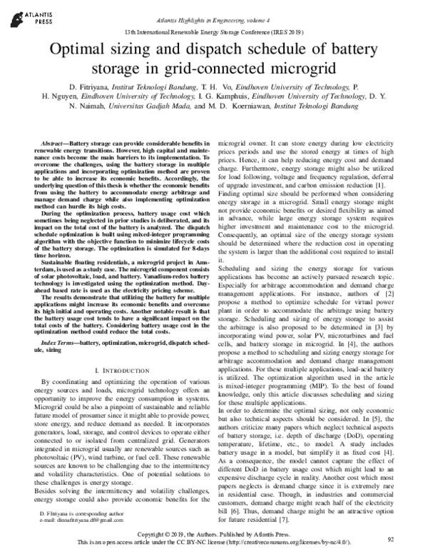 Pdf Optimal Sizing And Dispatch Schedule Of Battery Storage In Grid Connected Microgrid 3815