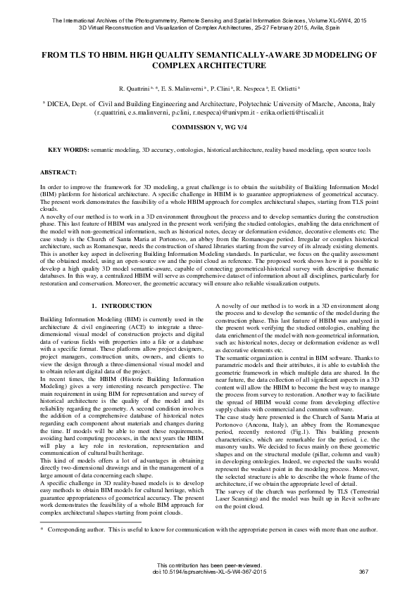 (PDF) From TLS to Hbim. High Quality Semantically-Aware 3D Modeling of Complex Architecture