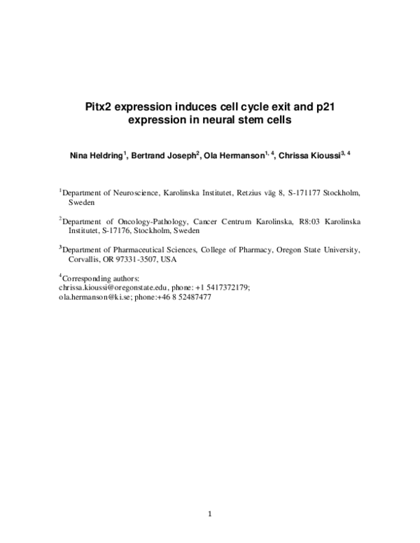 (PDF) Pitx 2 expression induces cell cycle exit and p 21 expression in ...