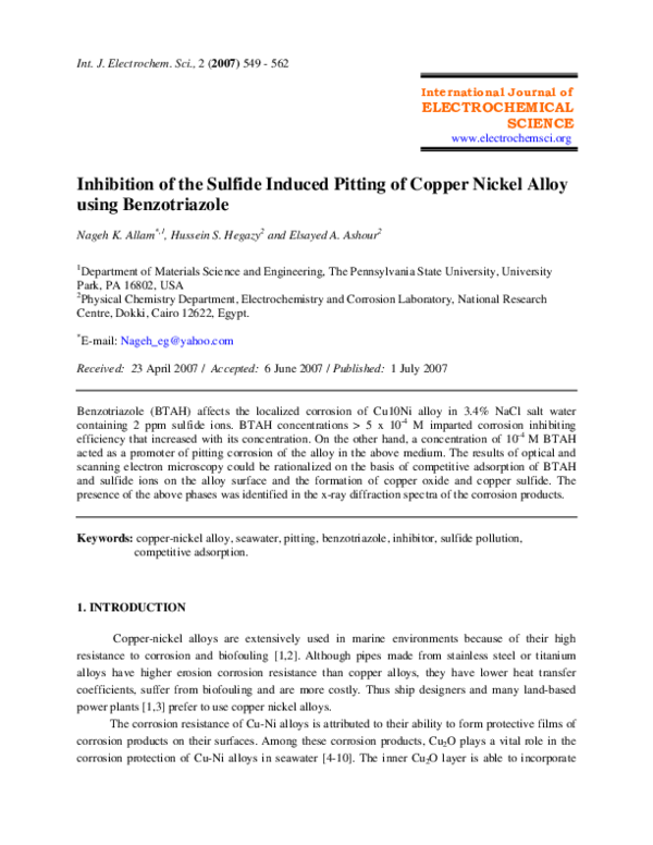 (PDF) Inhibition of the Sulfide Induced Pitting of Copper Nickel Alloy ...