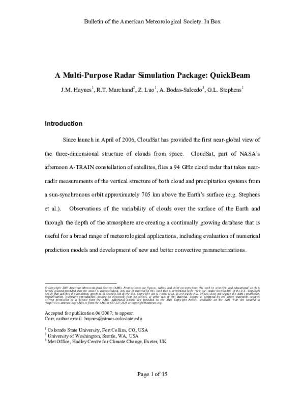 (PDF) A Multipurpose Radar Simulation Package: QuickBeam